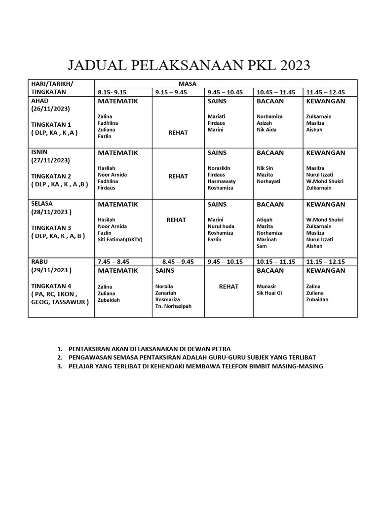 Jadual PKL 2023 | PDF