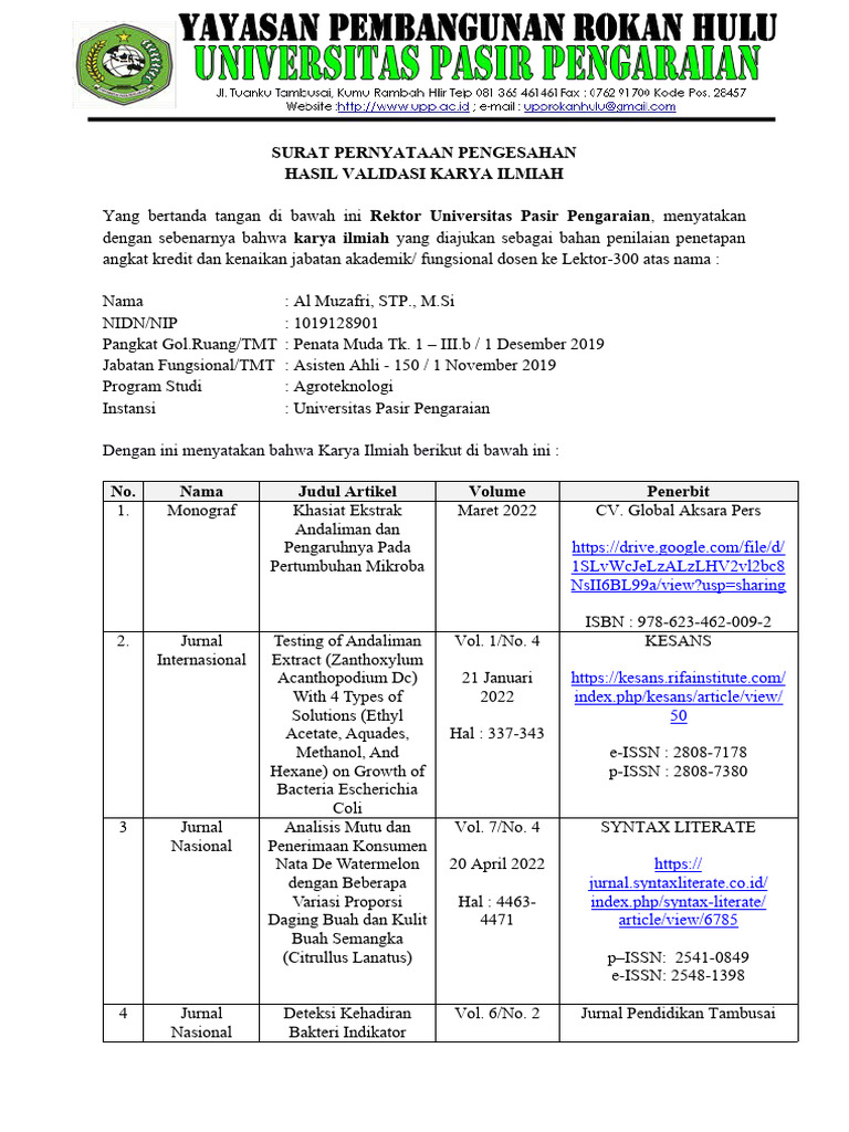 Lembar Pengesahan Hasil Validasi Karya Ilmiah | PDF