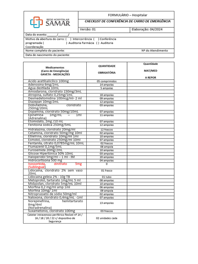 Checklist Carro de Emergência Hospitalar | PDF | Drogas | Tratamentos ...