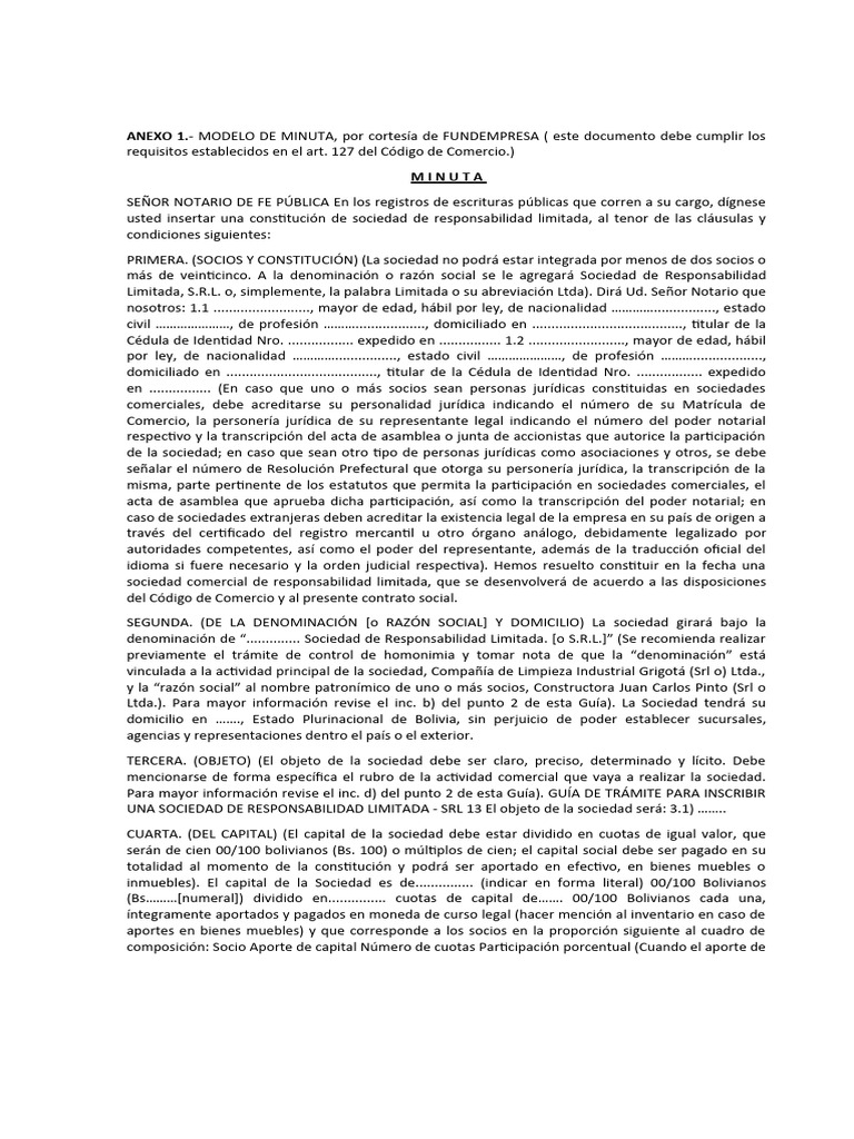 C1-Estudio de Caso 1 Modelo de Minuta Sociedad de Responsabilidad Limitada 2 | PDF | Sociedad de ...