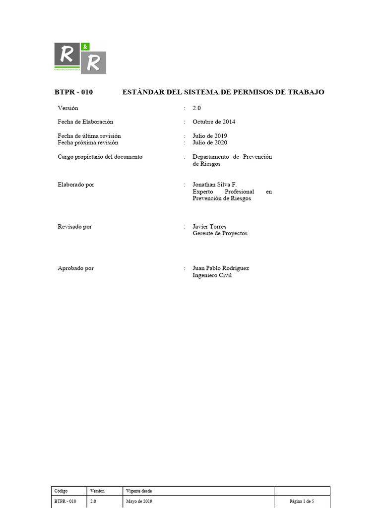 BTPR - 010 Estandar de Sistema de Permisos de Trabajo | PDF BTPR - 010 Estandar de Sistema de Permisos de Trabajo | PDF