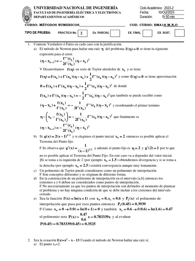 MN Pc2 01 Sem 2023 2 Solucionario | PDF | Objetos matemáticos | Matemáticas Aplicadas