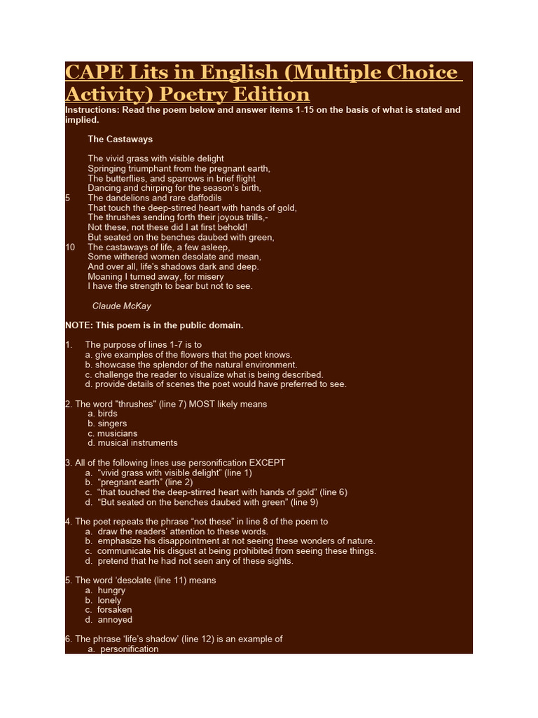 Poetry Multiple Choice Practice | PDF | Poetry