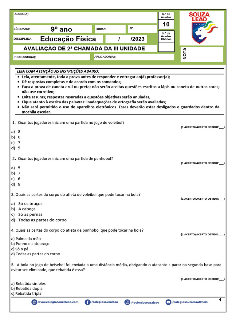 Prova de 2 Chamada 9 Ano | PDF | Voleibol