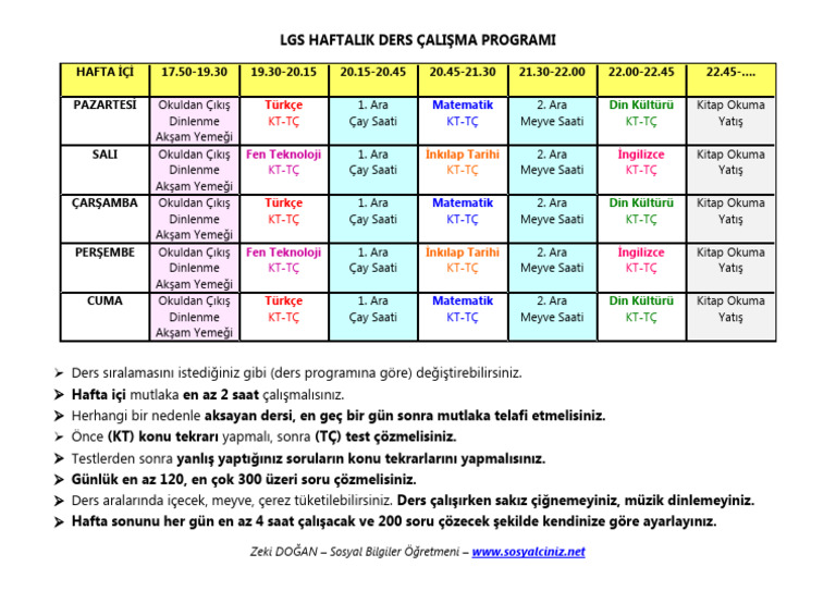 LGS Haftalik Ders Calisma Programi | PDF