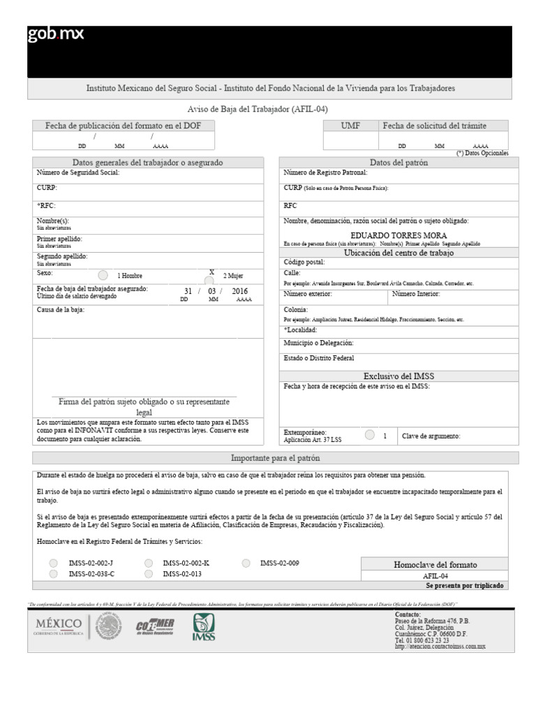 Formato AFIL-04 de Baja IMSS Editable | PDF