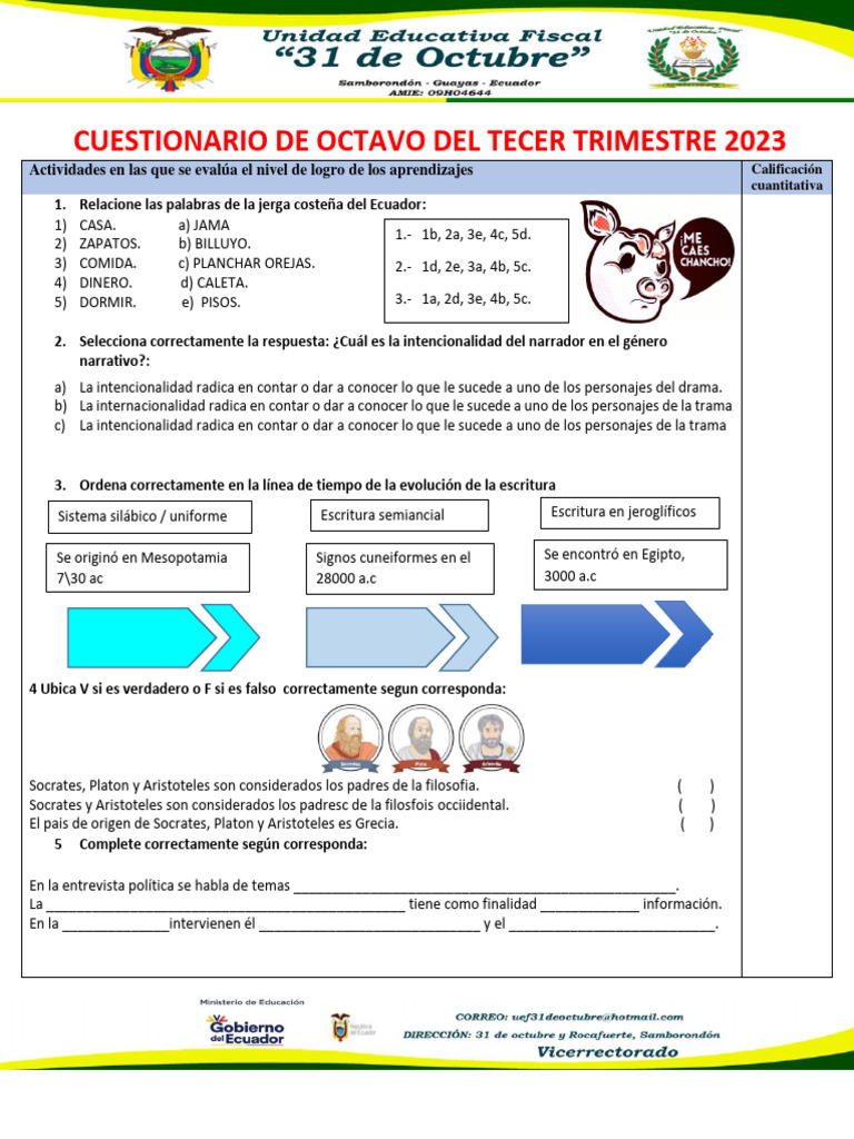 CUESTIONARIO DE LENGUA Y LITERATURA DE OCTAVO TERCER TRIMESTRE 2023 ...