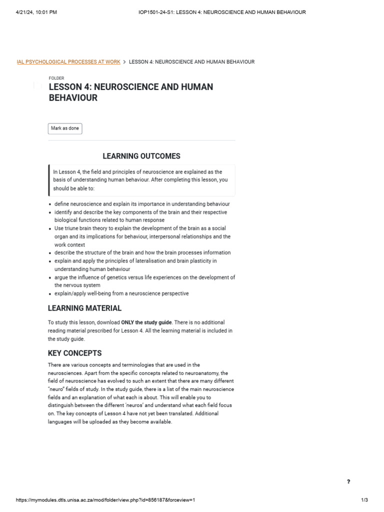 Iop1501-24-S1 - Lesson 4 - Neuroscience and Human Behaviour | PDF ...