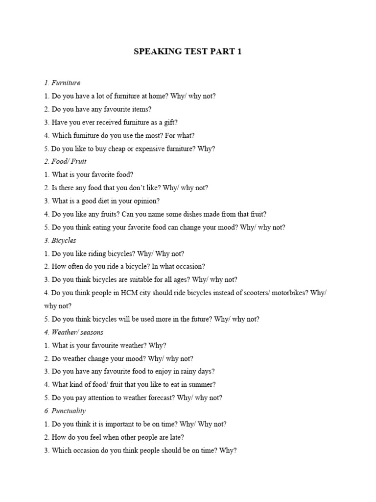 Speaking Test Part 1 Questions Guide | PDF | Toys | Leisure