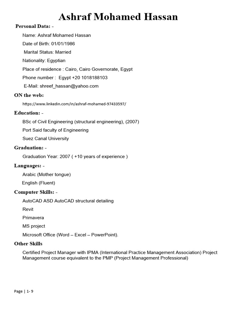 CV Ashraf Mohamed Civil Engineer +16 | PDF | Building Information ...