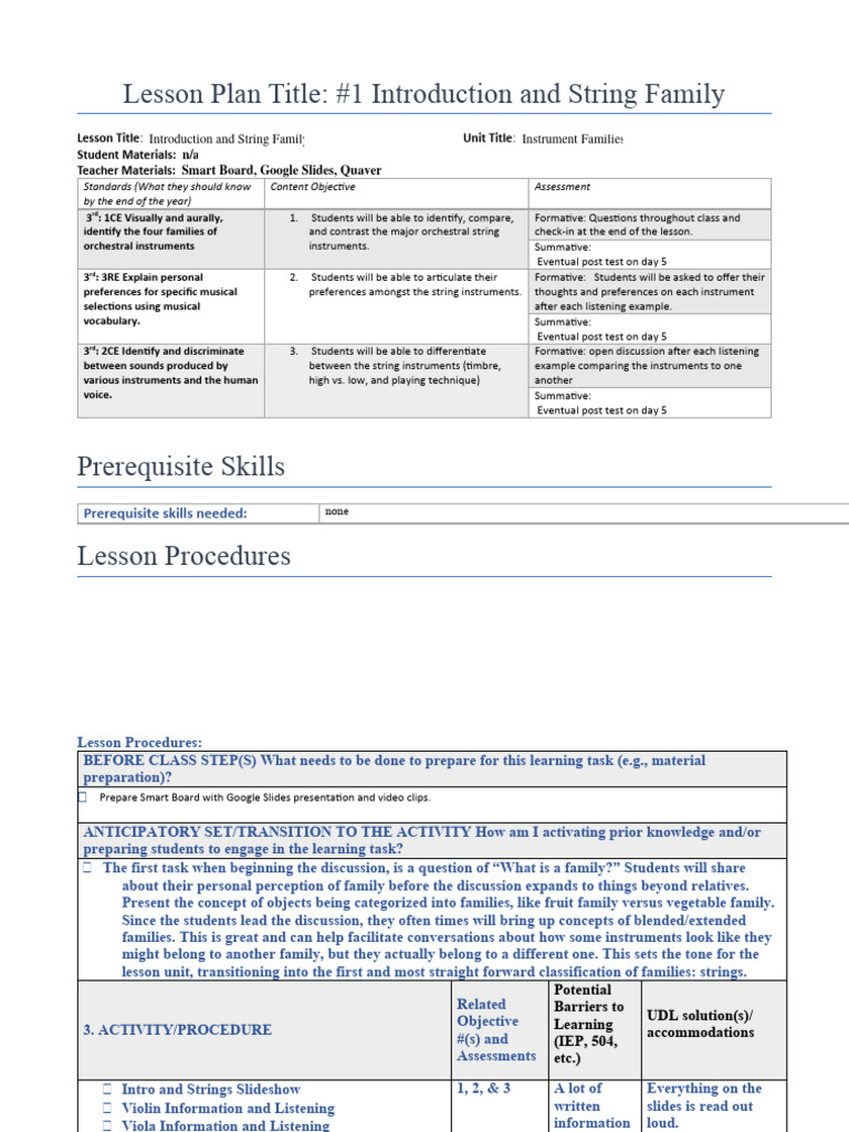 Lesson Plans - Instrument Families Unit | PDF | Brass Instruments ...