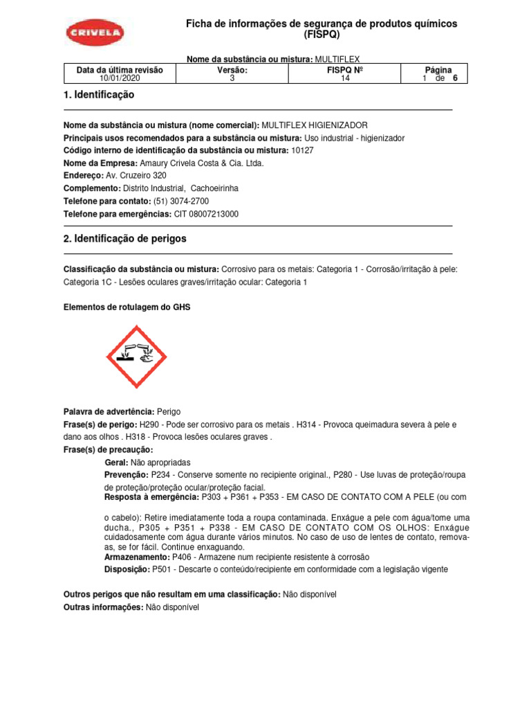 FISPQ: MULTIFLEX Higienizador Corrosivo | PDF | Química | Primeiros ...