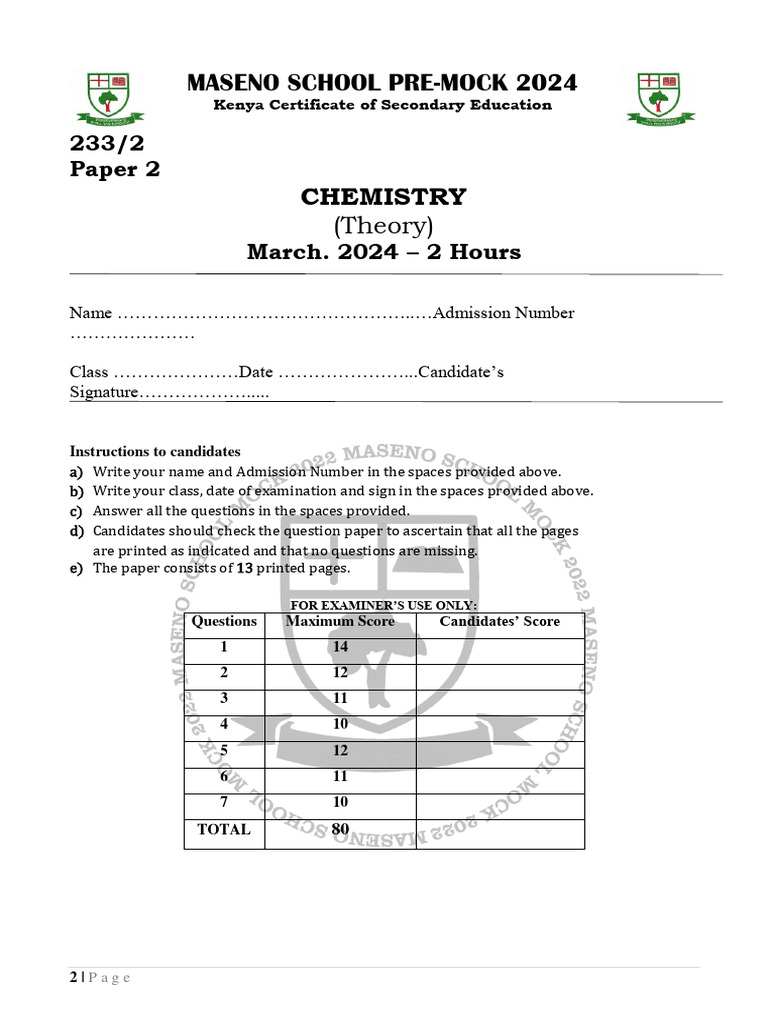 Maseno School Pre-Mock 2024: 233/2 Paper 2 | Download Free PDF | Precipitation (Chemistry ...