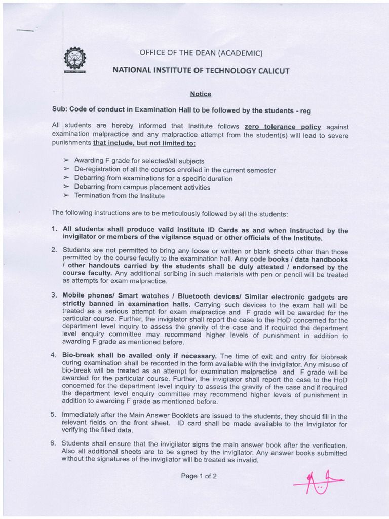 Code of Conduct in Examination Hall | PDF