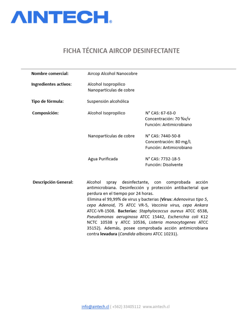 1040 Aircop 20211111 Ficha Técnica AIRCOP Desinfectante V - 02 | PDF | Concentración ...