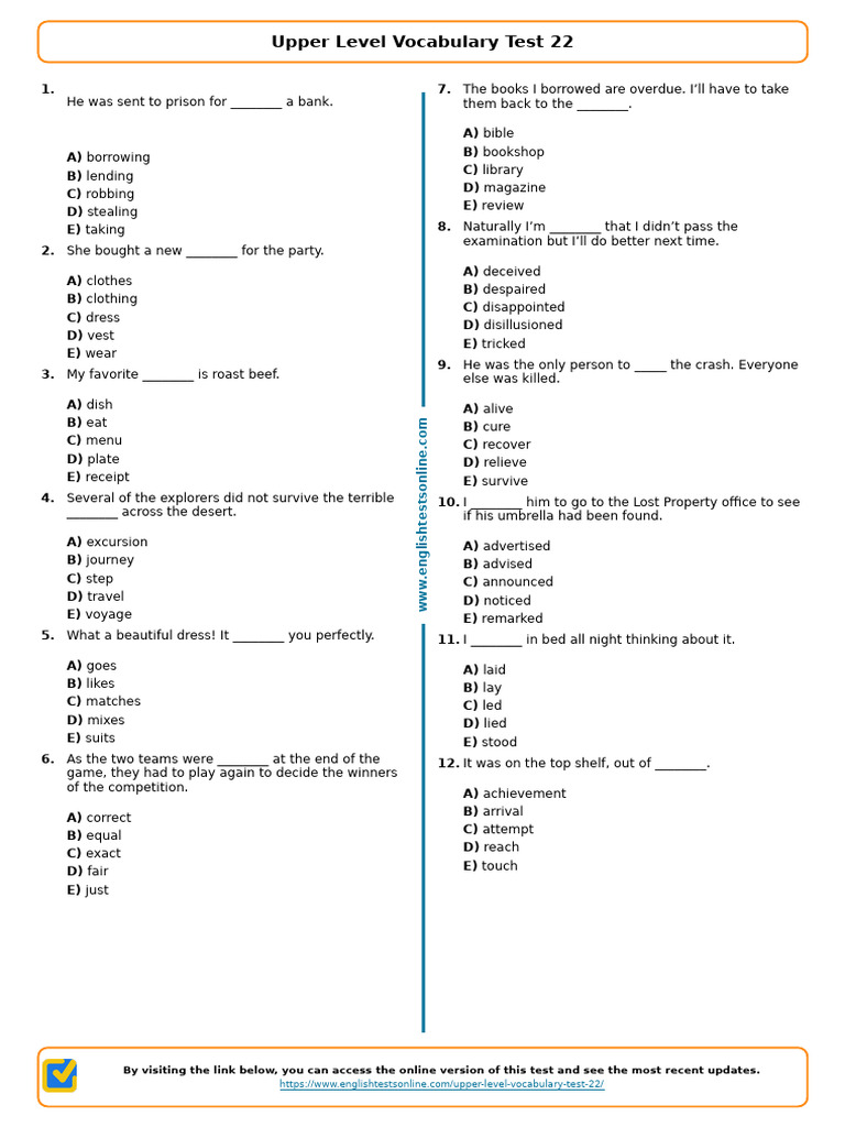 Upper Level Vocabulary Test 22 | PDF