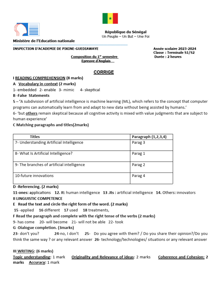 Corrige Epreuve Anglais Terminale S Composition Du 1er Semestre 2023 2024 | PDF | Intelligence ...