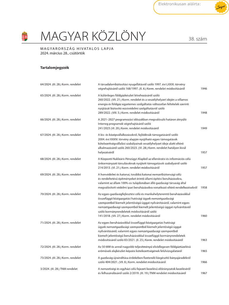 Magyar Közlöny 2024. Évi 38. Szám Indokolás (Ok) | PDF