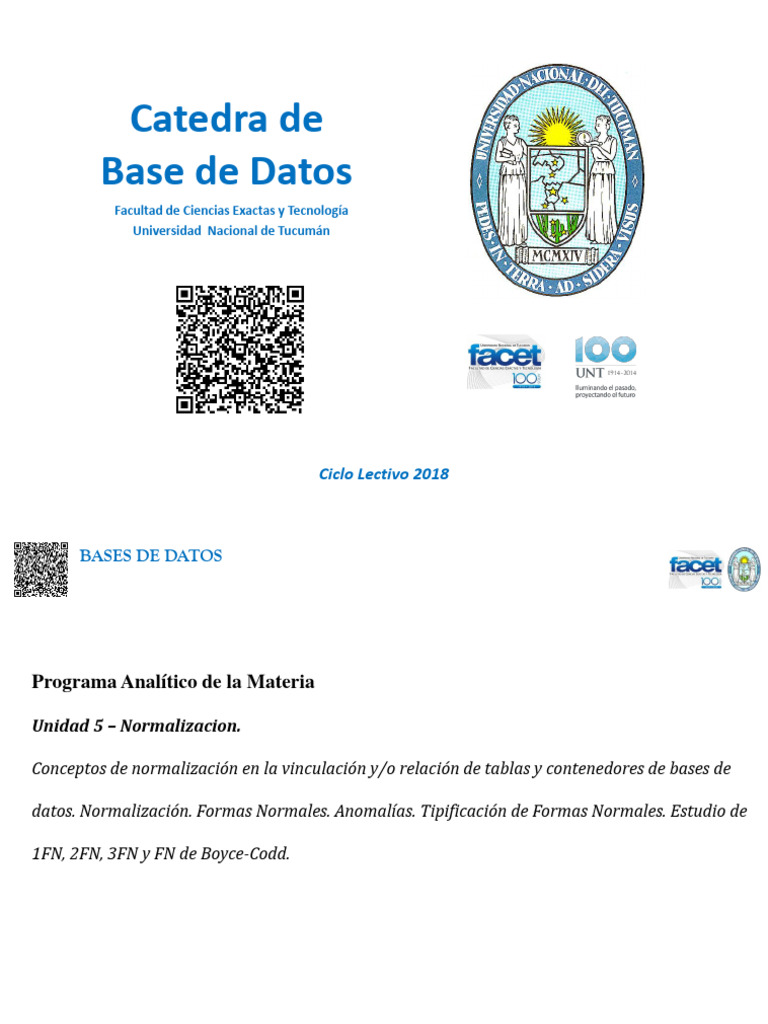 Bases de Datos Unidad V FN Parte 1 2018 | PDF | Base de datos relacional | Bases de datos