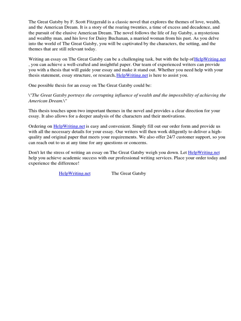 The Great Gatsby Essay Thesis | PDF | The Great Gatsby | F. Scott ...