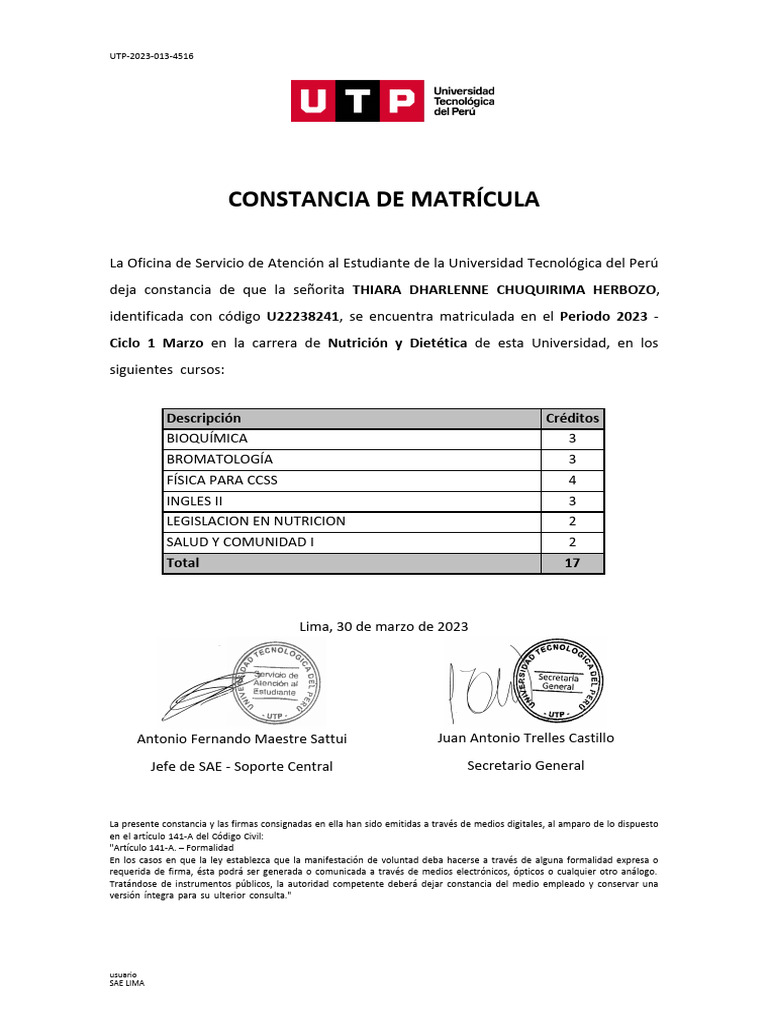 Constancia de matrícula | PDF