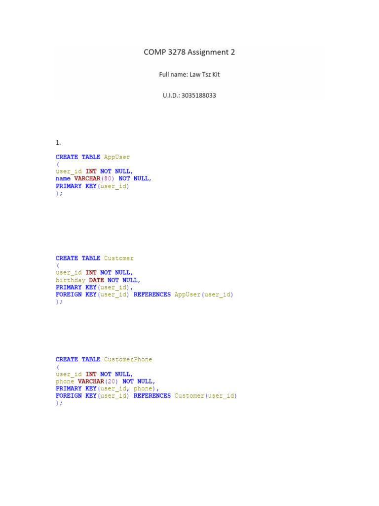 COMP 3278 Assignment 2 Incompleted | PDF | Computer Data | Sql