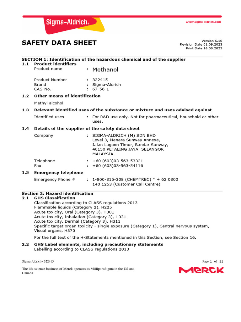 Methanol Safety Data Sheet 322415 | PDF | Pollution | Safety