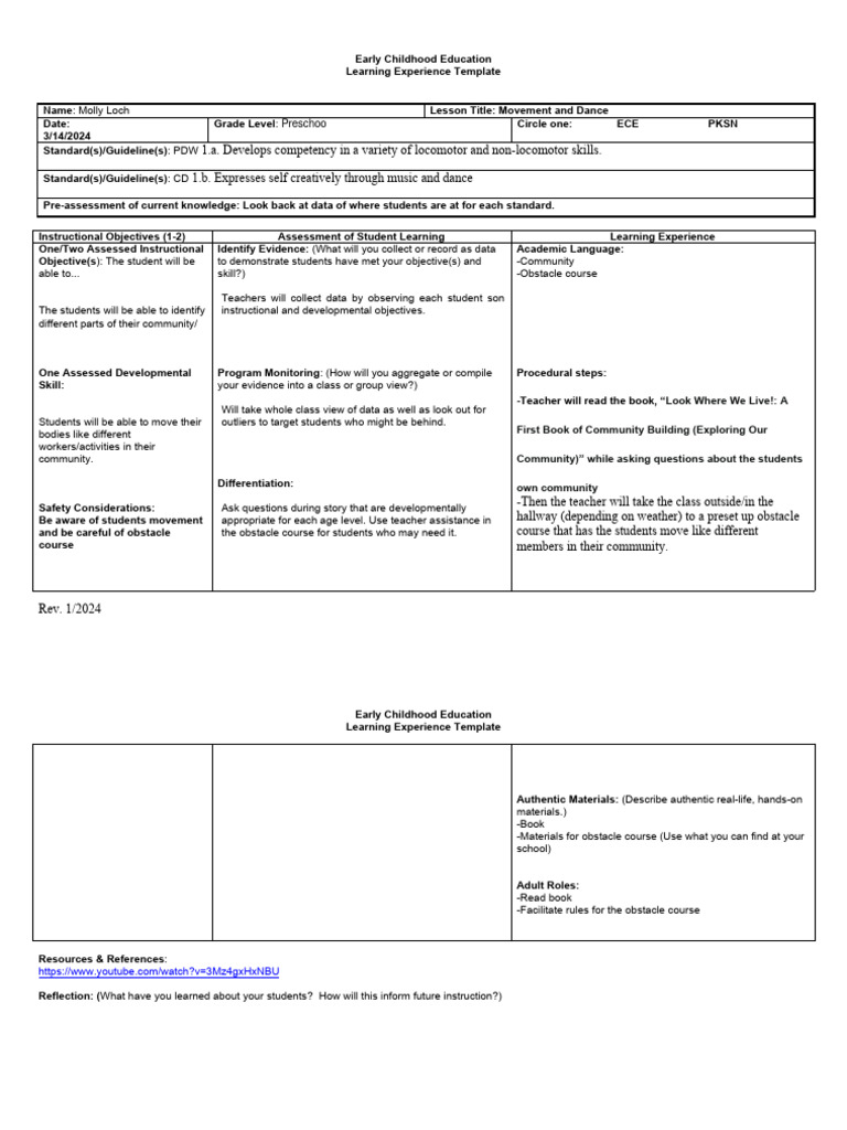 Edt 317 Movement and Dance Lesson Plan 2 | Download Free PDF | Early Childhood Education | Teaching