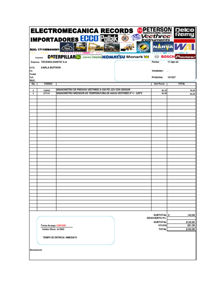 Proforma de Manómetros Veethree | PDF