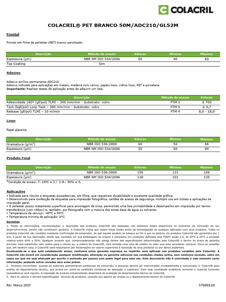 Poliéster Branco Colacril | PDF | Temperatura