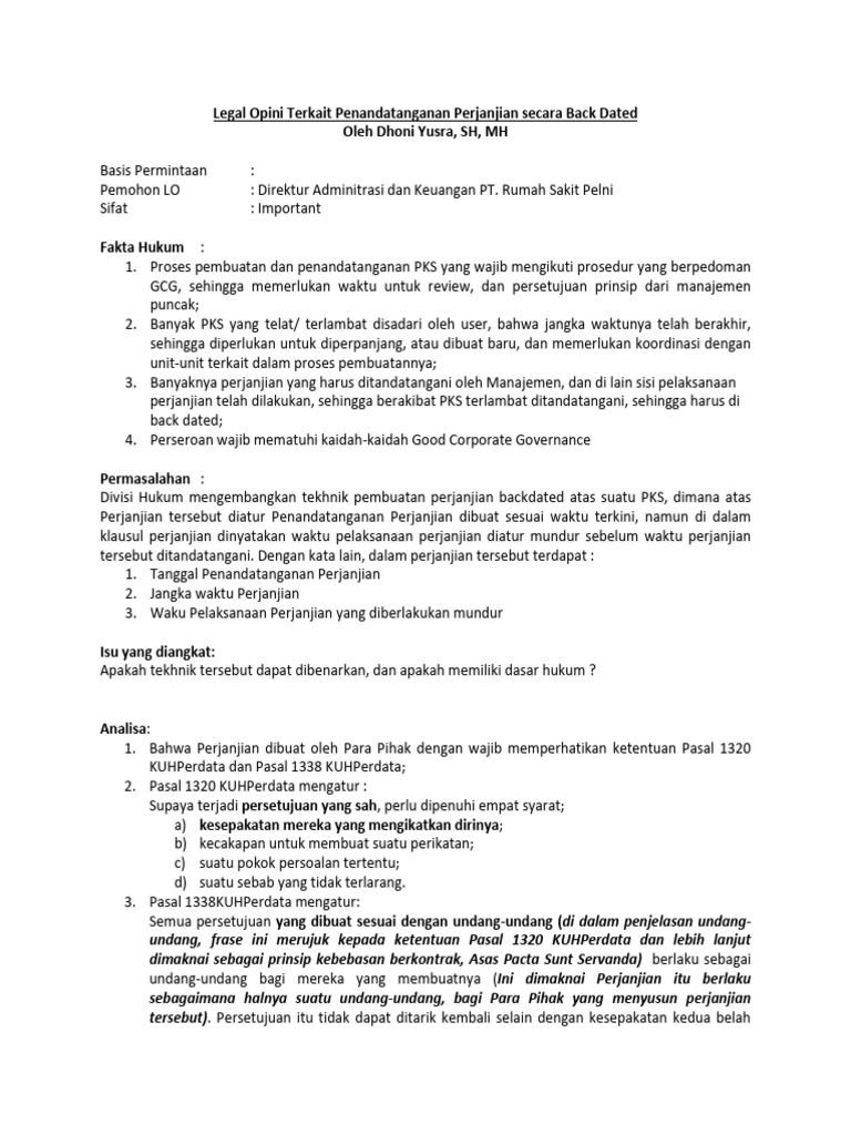 Contoh Legal Opini Terkait Penandatanganan Perjanjian Yang Bersifat ...