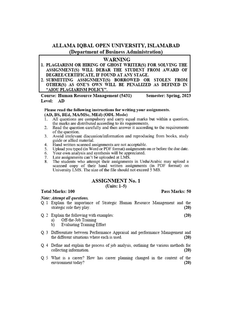 Assignment Question Paper - Allama Iqbal University | PDF | Incentive ...