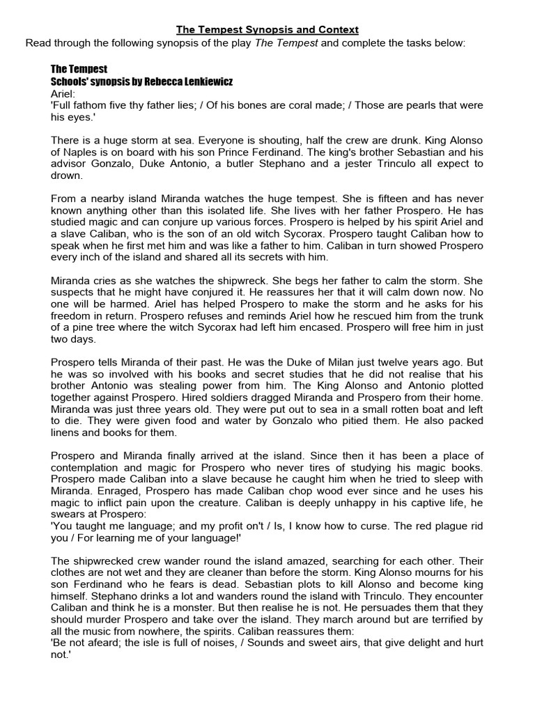 The Tempest Synopsis and Context | PDF | The Tempest | Shakespearean ...