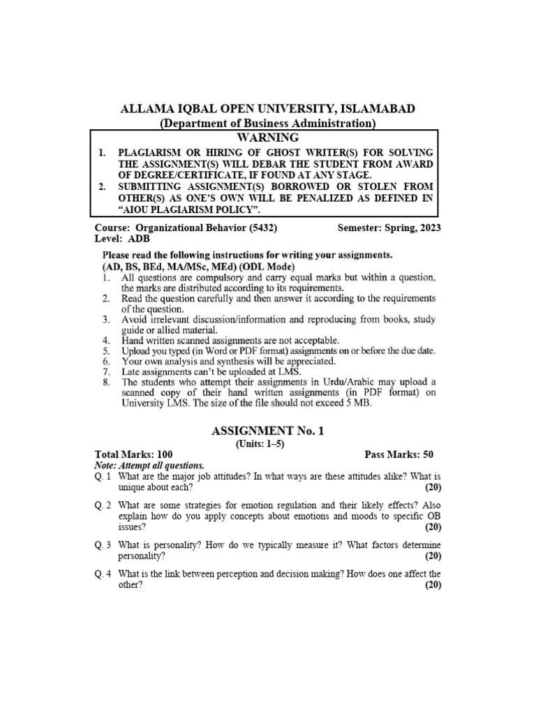 AIOU Organizational Behavior Assignment Guide | PDF | Leadership ...