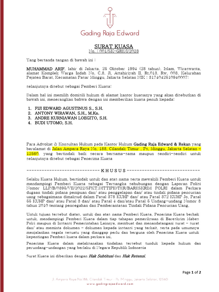 Surat Kuasa Hukum Kasus Penipuan | PDF | Ilmu Sosial