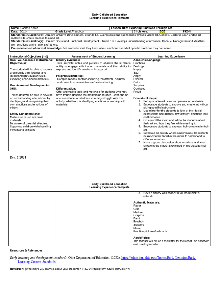 Ece Lesson Plan Visual Arts | PDF | Emotions | Psychological Concepts