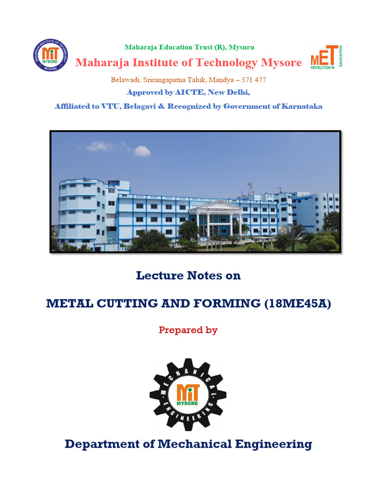 Metal Cutting and Forming Lecture Notes | PDF | Machining | Engineering