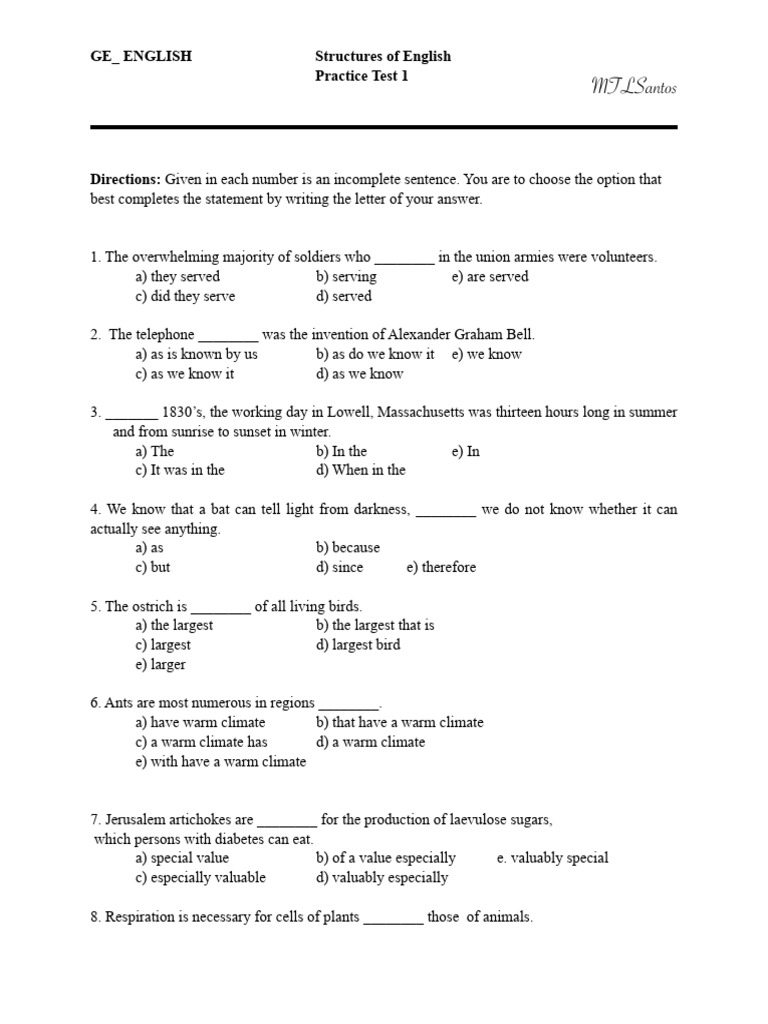 English Structure Practice Test | PDF | Eating Disorder | Biology