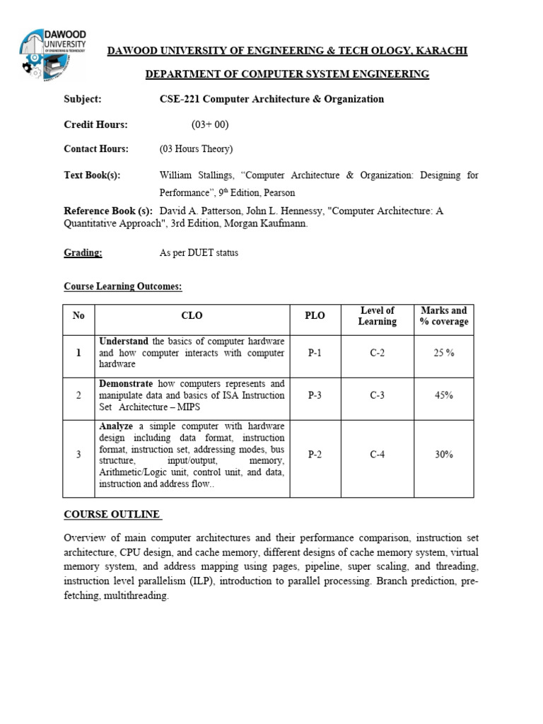 CSE-221 Computer Architecture Course Outline | PDF | Computer Data ...