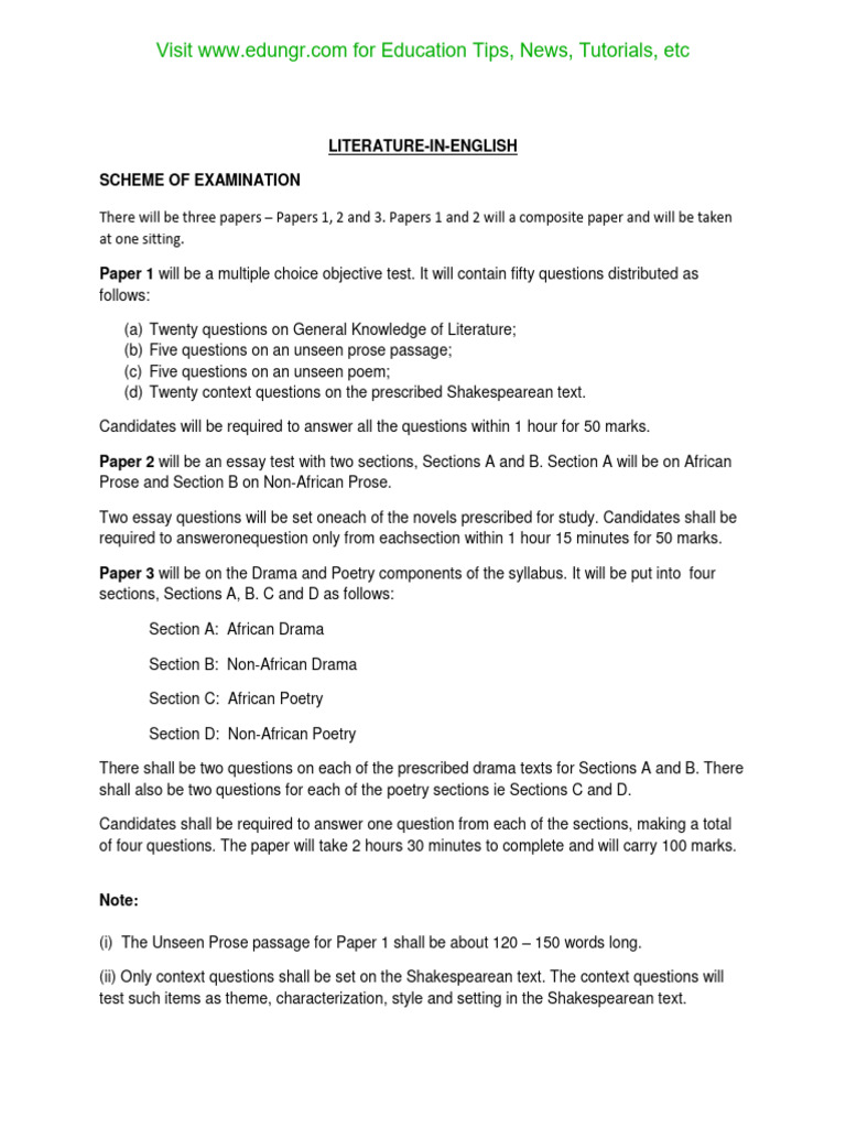 Literature in English Exam Scheme | PDF | Poetry