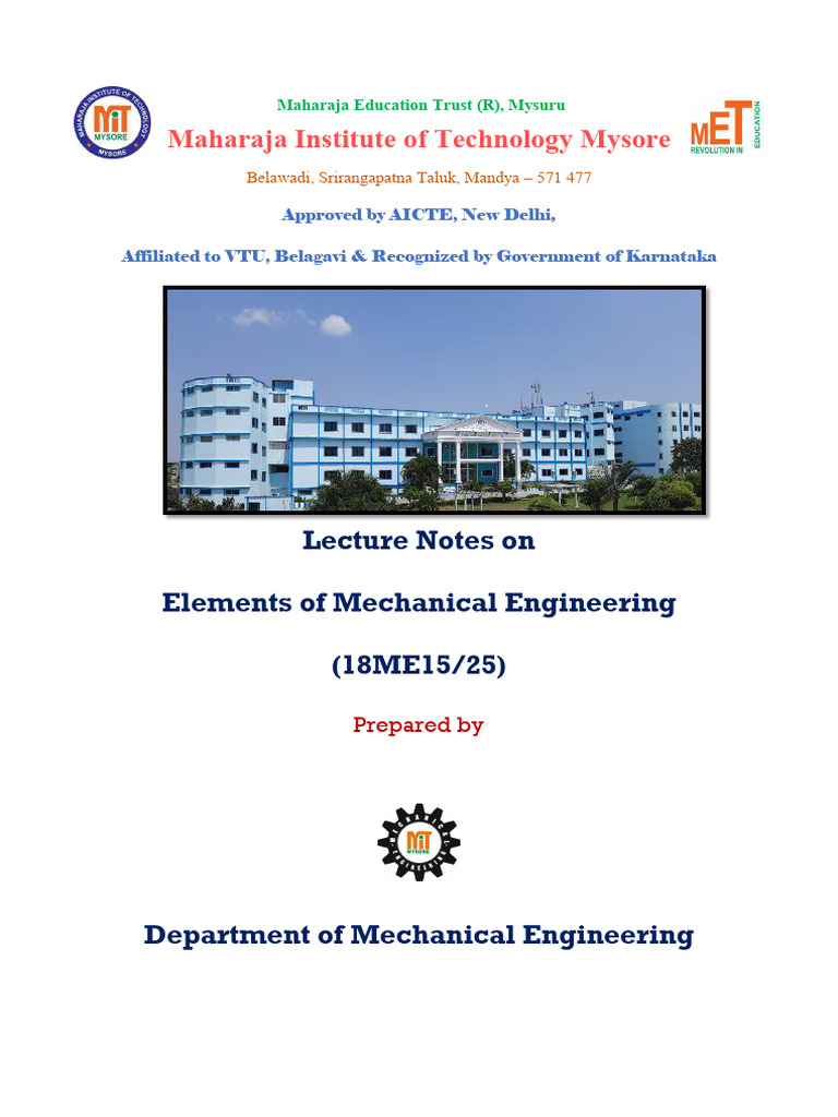 Elements of Mechanical Engineering 18ME1525 | PDF | Engines | Construction
