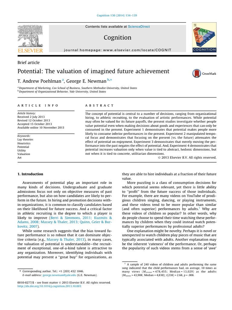 Newman [Cog 2014] Potential Valuation of imagined future achievement | PDF | Psychology | Cognition