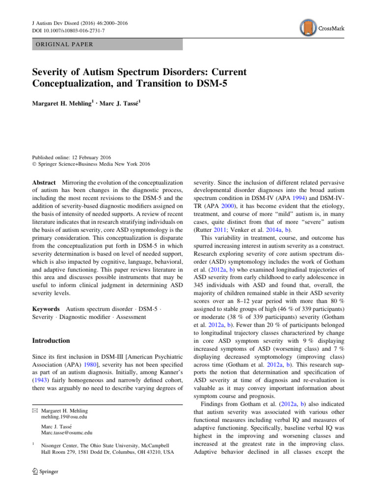 Severity of Autism Spectrum Disorders: Current Conceptualization, and ...