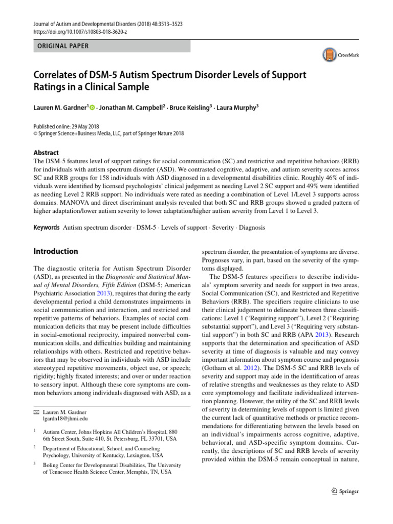 Correlates of DSM-5 Autism Spectrum Disorder Levels of Support Ratings ...