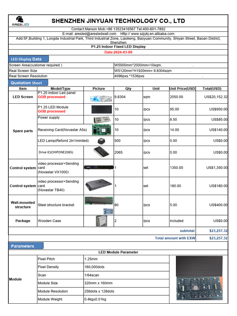 P1.25 Indoor LED Display Quotation | PDF | Personal Computers | Electronics