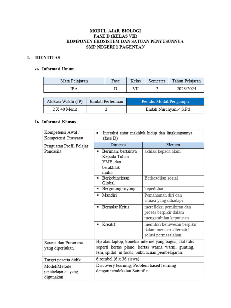 Modul Ajar Biologi - Komponen Ekosistem Dan Interaksinya Fase E - Fase E | PDF