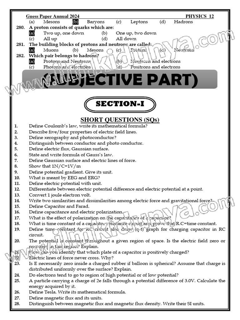 12th Class Guess Papers 2024 Phy Short | PDF | Emission Spectrum ...