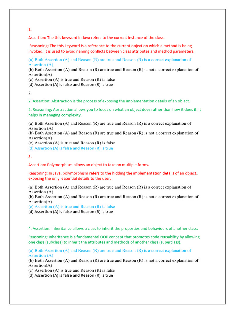 Assertion Reasoning MCQ Questions Answers | PDF | Inheritance (Object Oriented Programming ...
