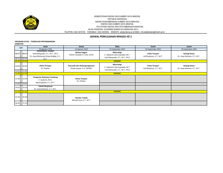 Jadwal Kuliah - T Pertambangan - Smt1 - Mgg2 | PDF