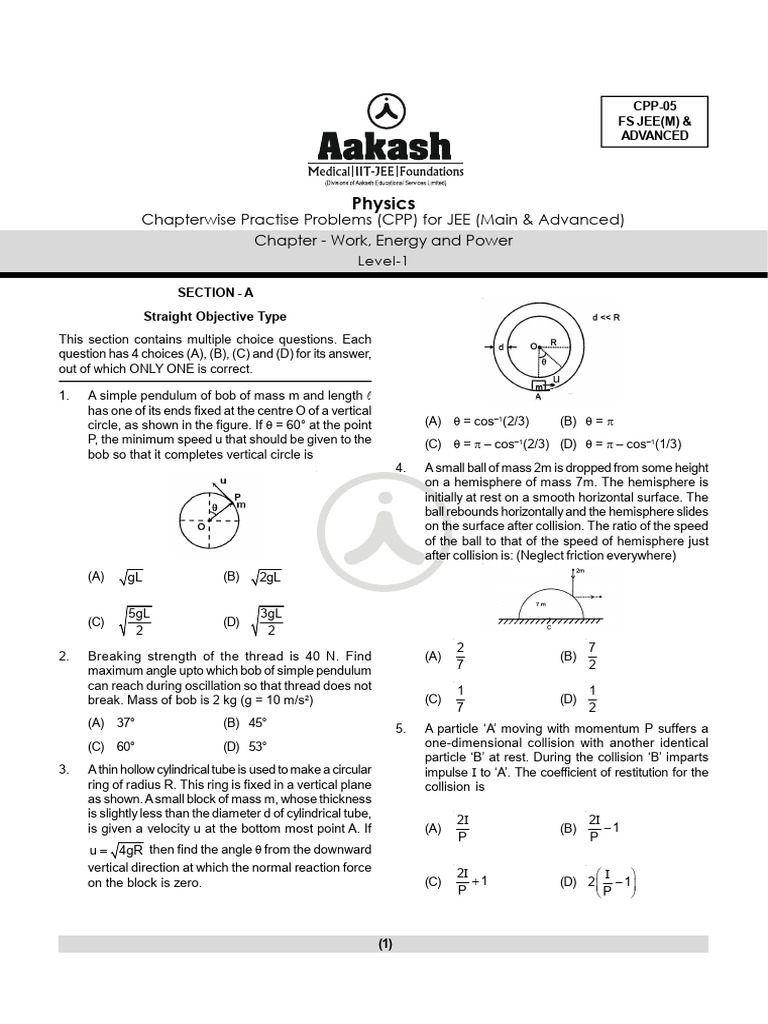 JEE Physics Practice: Work, Energy & Power | PDF | Force | Mass